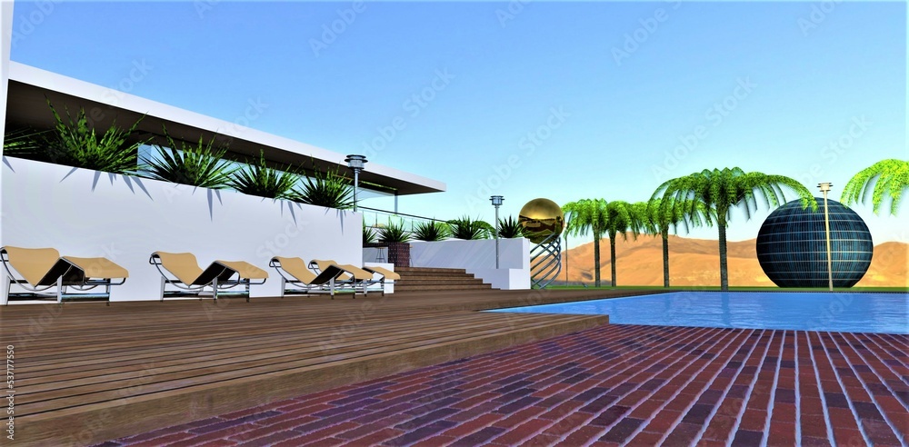 Recreation area of a country estate in the future. Several sun loungers ...