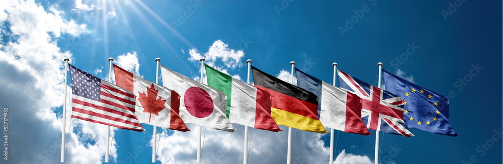 G7 summit or meeting concept. Row from flags of members of G7 group of ...