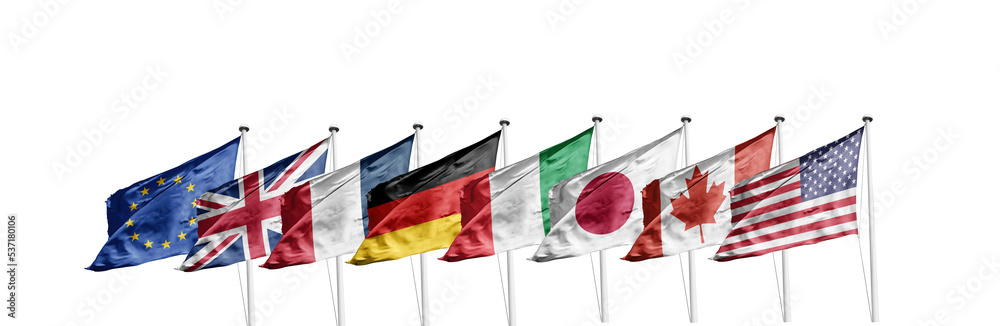 G7 summit or meeting concept. Row from flags of members of G7 group of ...