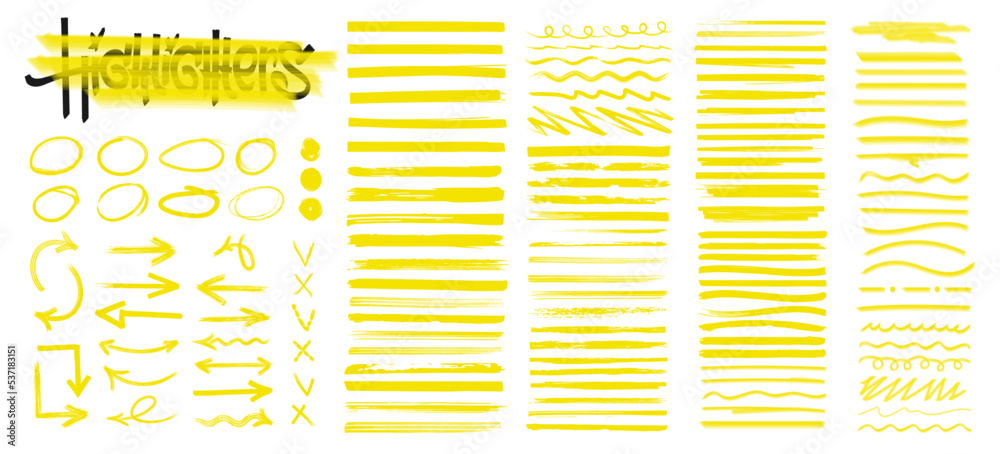 Hand-drawn Highlighters brush lines. Yellow marker lines, rounds ...