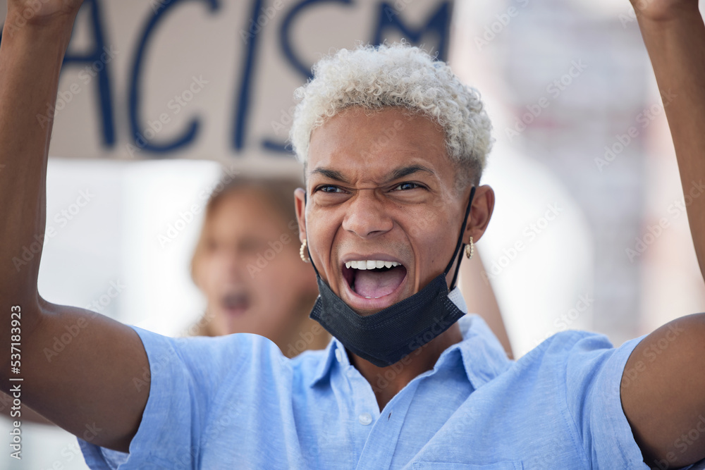 Justice protest during covid, racism and black man angry, crisis rally ...