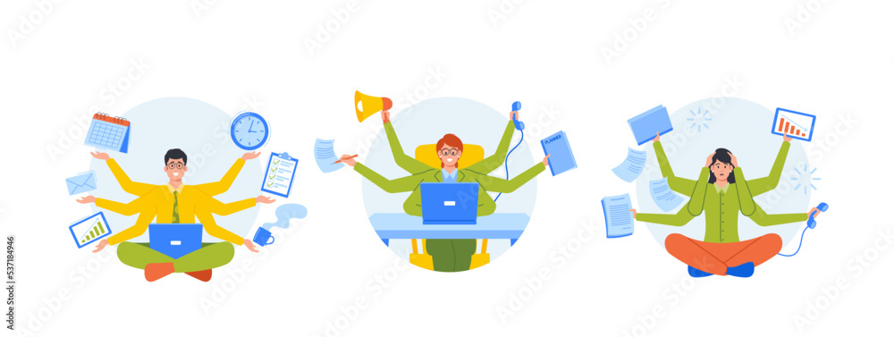 Set of Workers With Many Arms Sit At Laptop In Office Doing Many Tasks ...