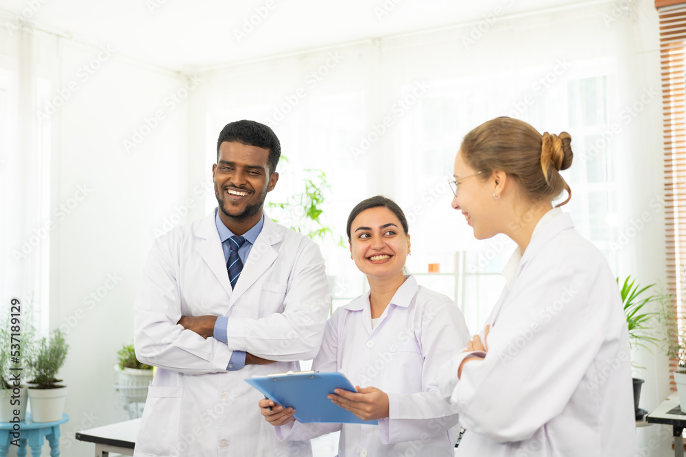 Happy teams of scientists experiment and research extraction from bio ...