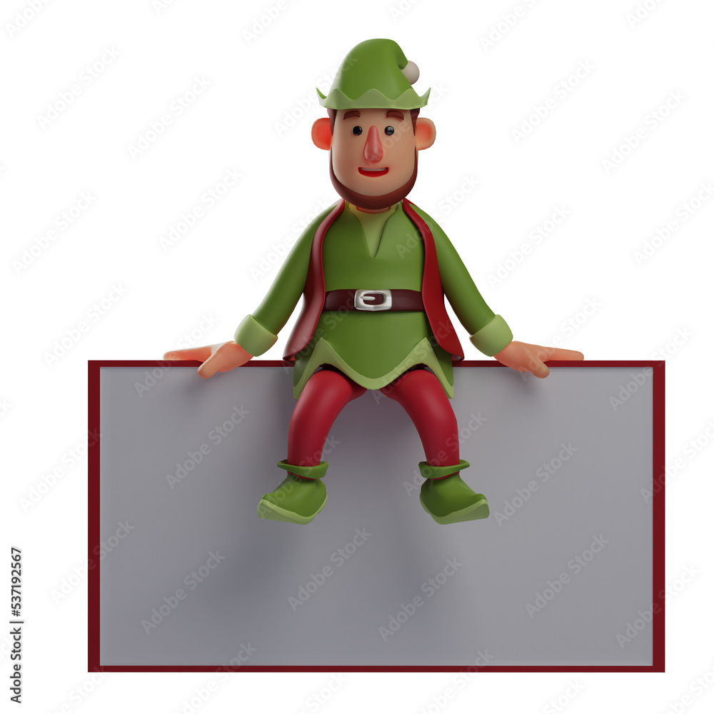 3D illustration. 3D Elf Cartoon Character sitting on a blackboard ...