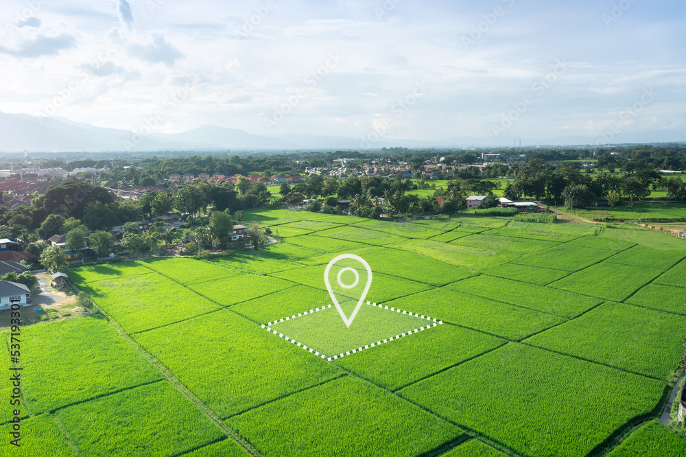 Land plot in aerial view. Identify registration symbol of vacant area ...