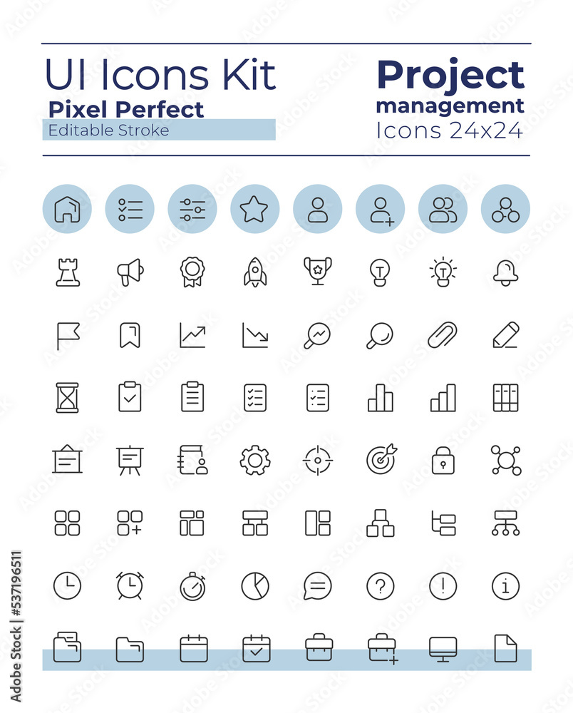 Project management pixel perfect linear ui icons kit. Business tasks ...