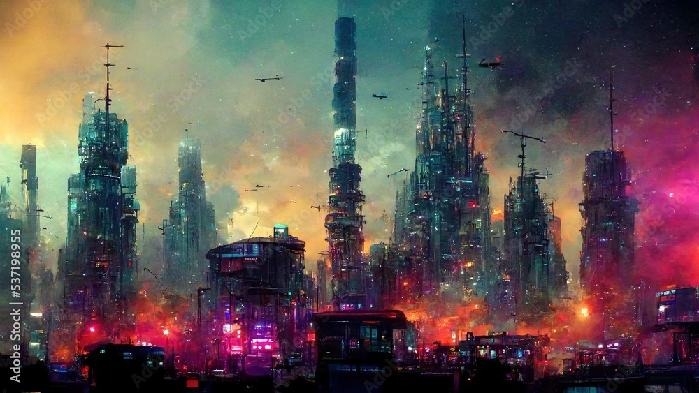 Chaotic cyberpunk city with futuristic skyscrapers and high towers ...