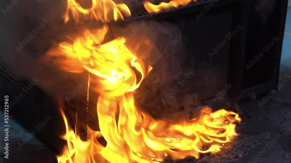 microwave oven on fire. the concept of fire in the kitchen and ...