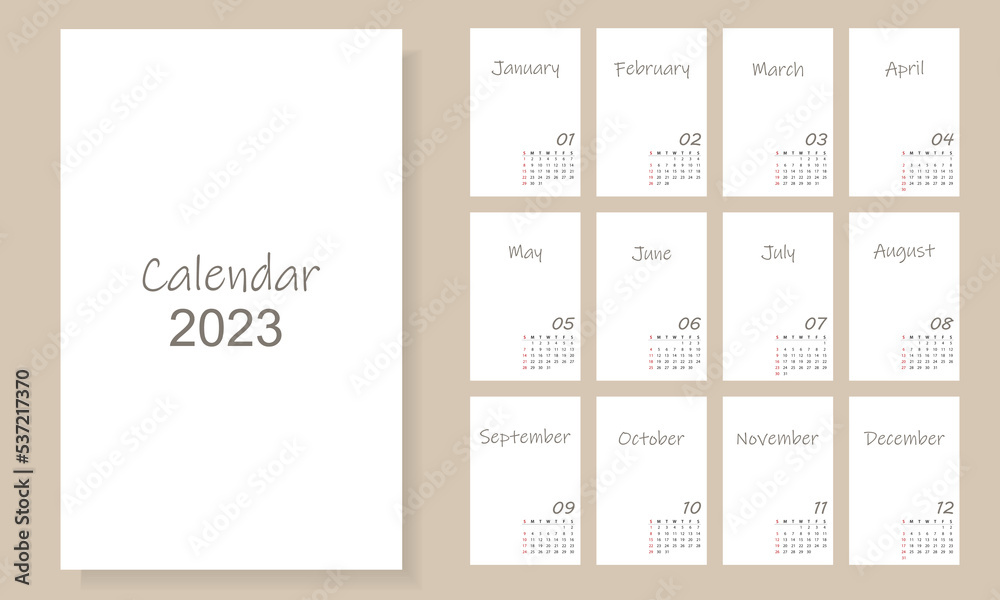 Calendar 2023 Fashionable minimalist style. A set of 12 pages of a ...