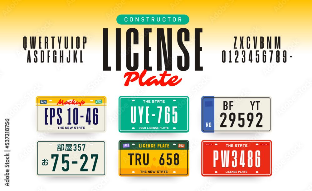 License plate constructor. License car plates. Embossed latin alphabet ...