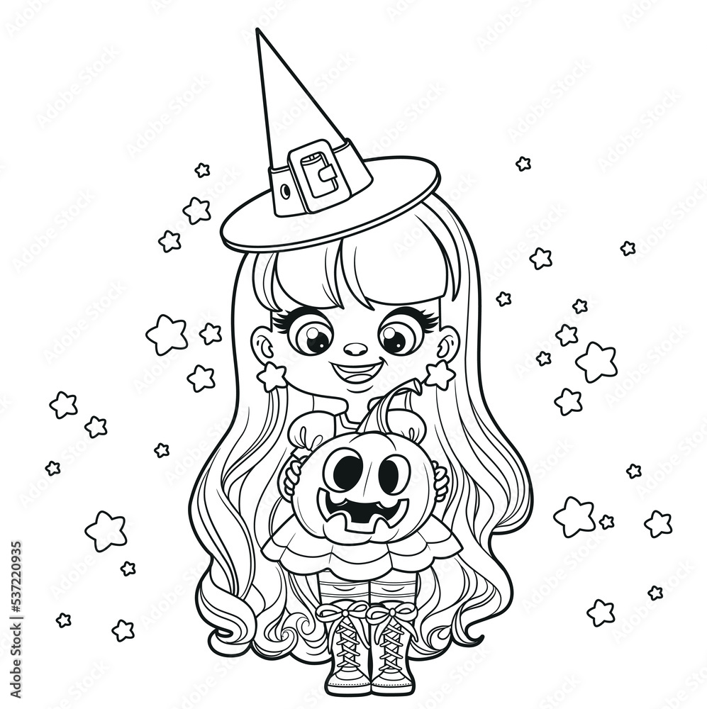 Cute cartoon long haired girl in a Halloween witch costume with pumpkin ...