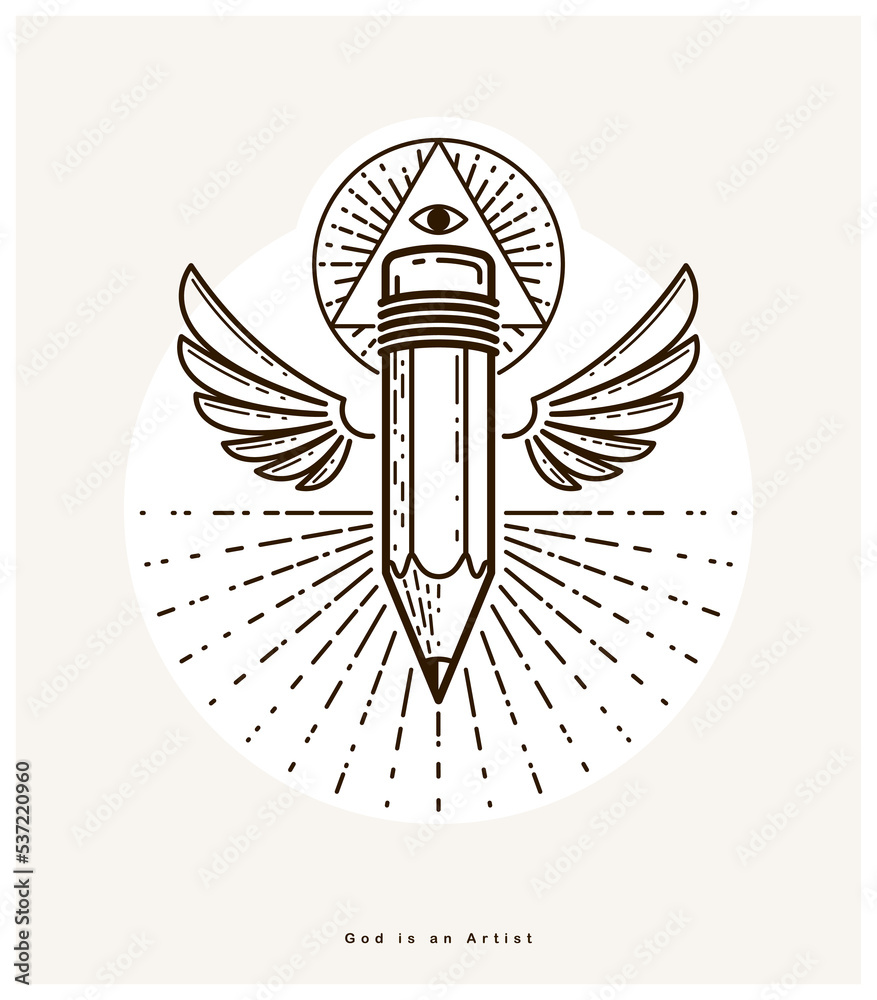 God is a designer concept, pencil with wings and all seeing eye of God ...