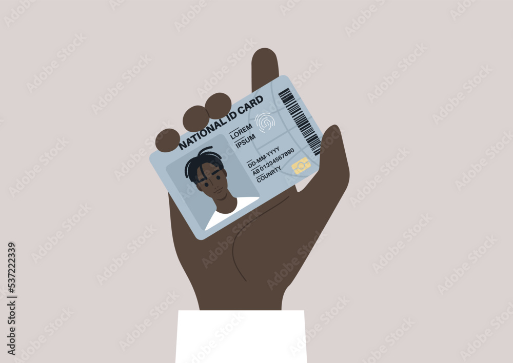 A national ID card template, a young male African citizen holding their ...