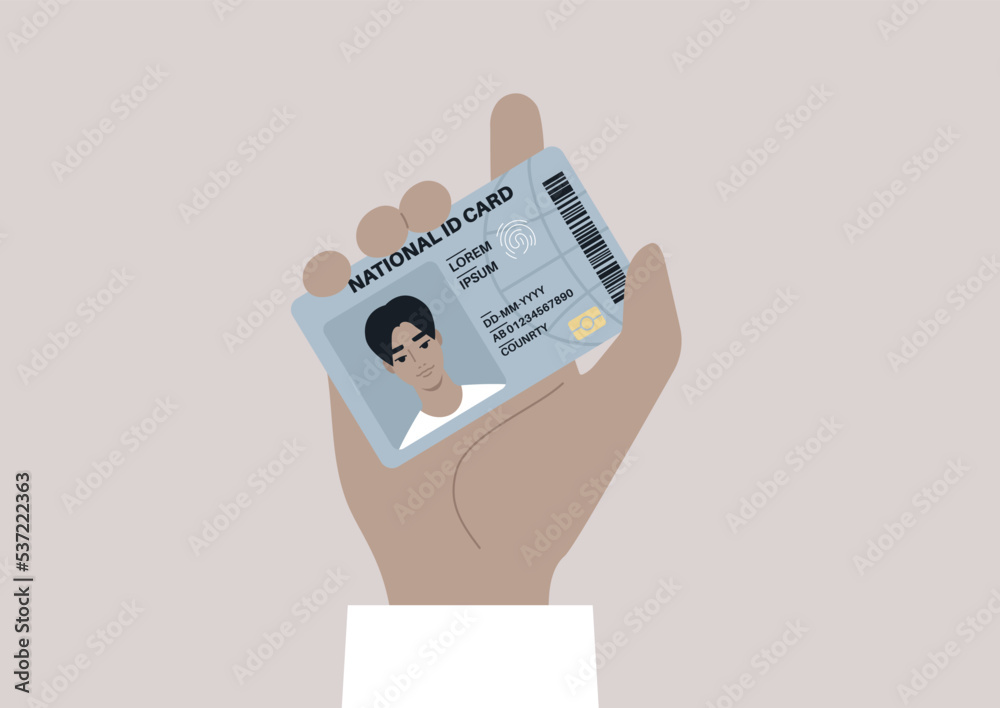 A national ID card template, a young male Asian citizen holding their ...