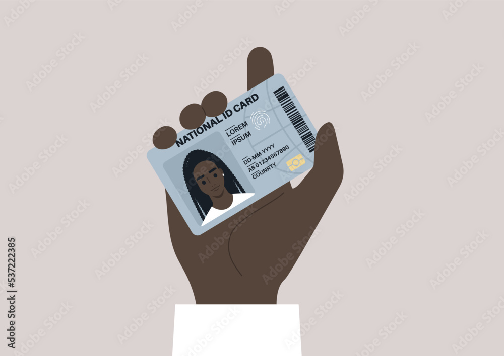 A national ID card template, a young female African citizen holding ...