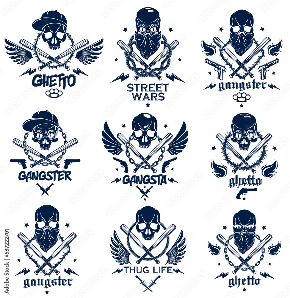 Gangster emblem logo or tattoo with aggressive skull baseball bats and ...