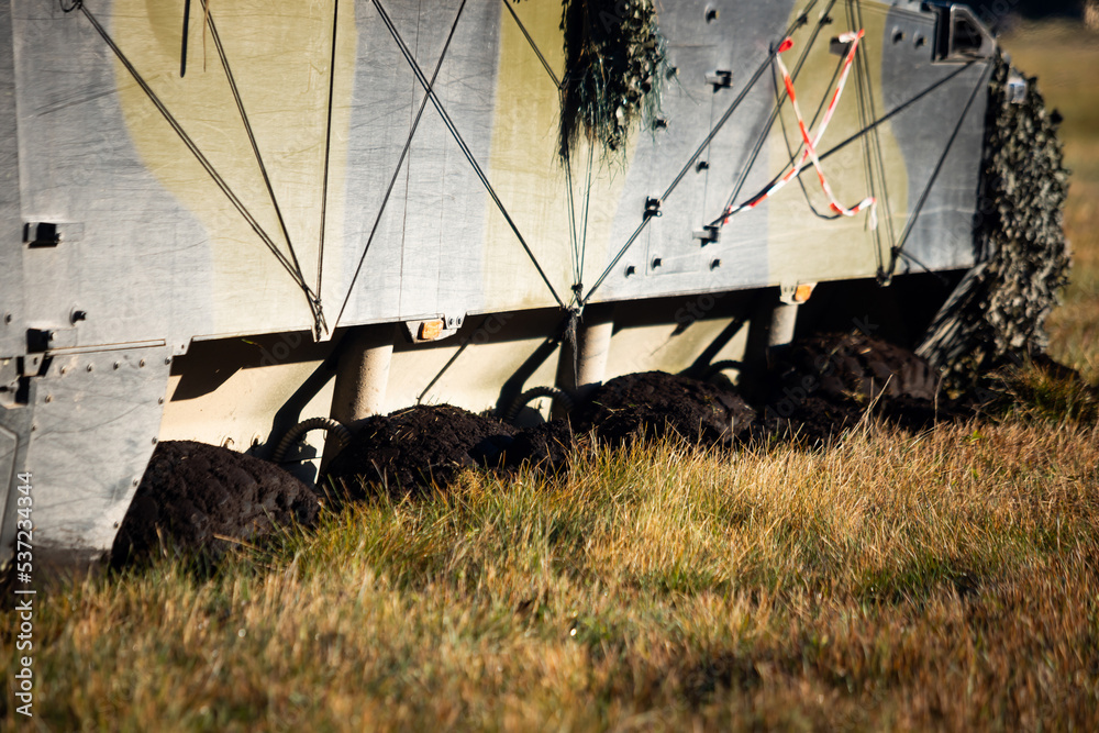 Military training on the battlefield with armored vehicles. Army war ...
