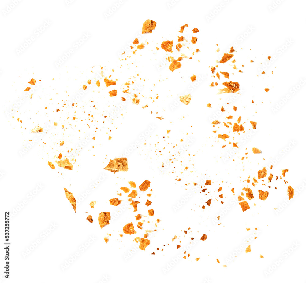 Bread crumbs macro isolated on white background. Splash of crumbs Top ...