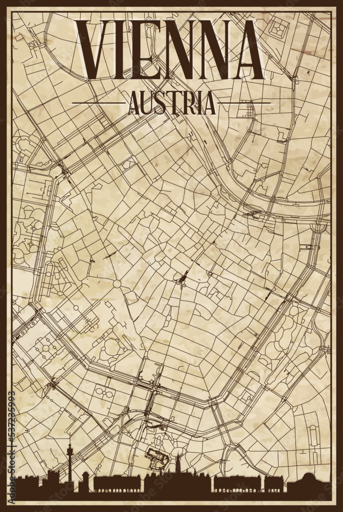 Brown vintage hand-drawn printout streets network map of the downtown ...