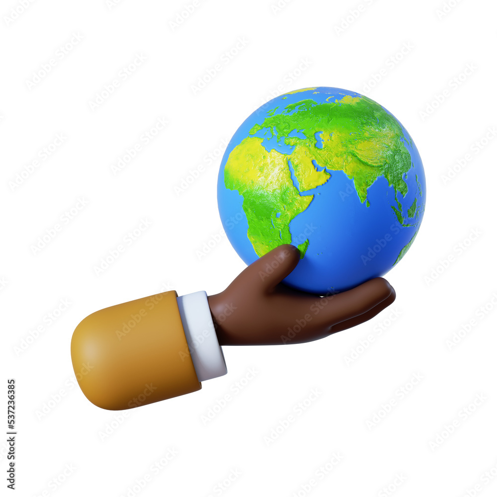 3d illustration. Save the planet icon. Cartoon character hand holds ...