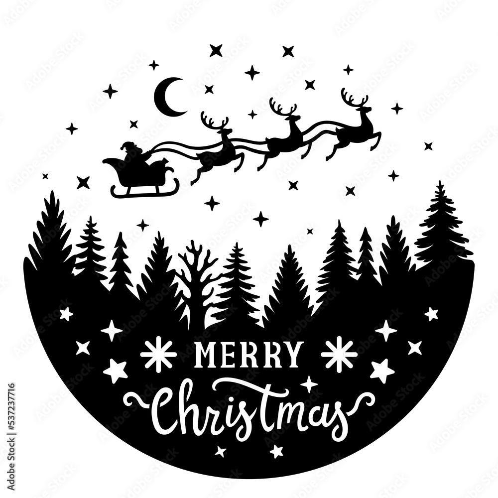 Merry Christmas vector round sign. Santa Claus flies in a sleigh with ...