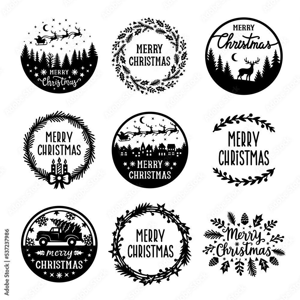 Merry Christmas round sign. Quotes vector collection. For a postcard ...