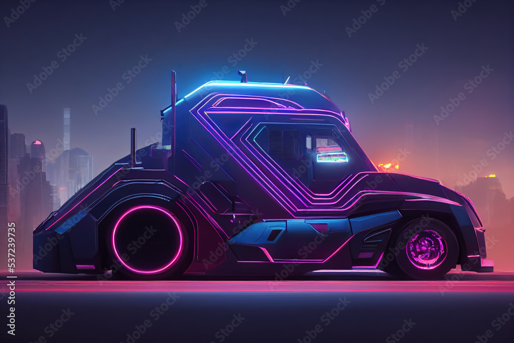 3D digital illustration of retro futuristic cargo truck automobile ...