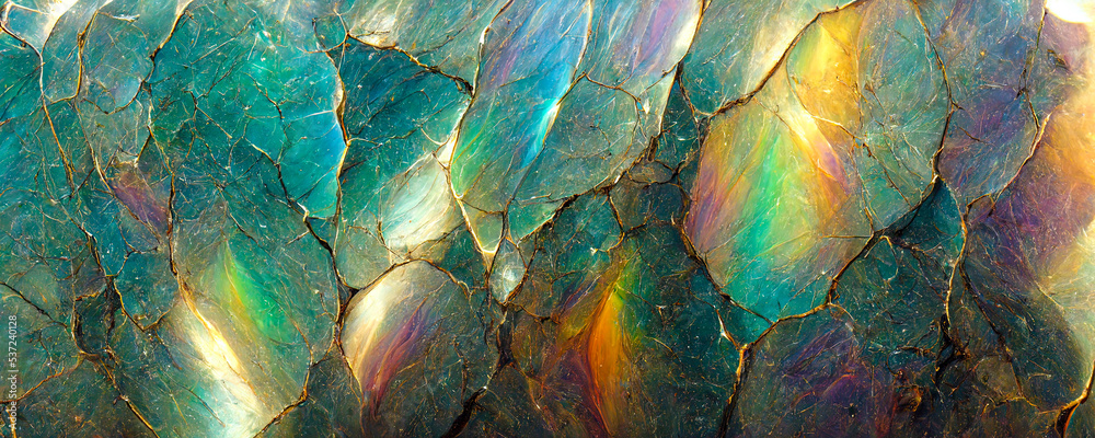 A cracked iridescent and opalescent surface texture. Polished spectrum ...