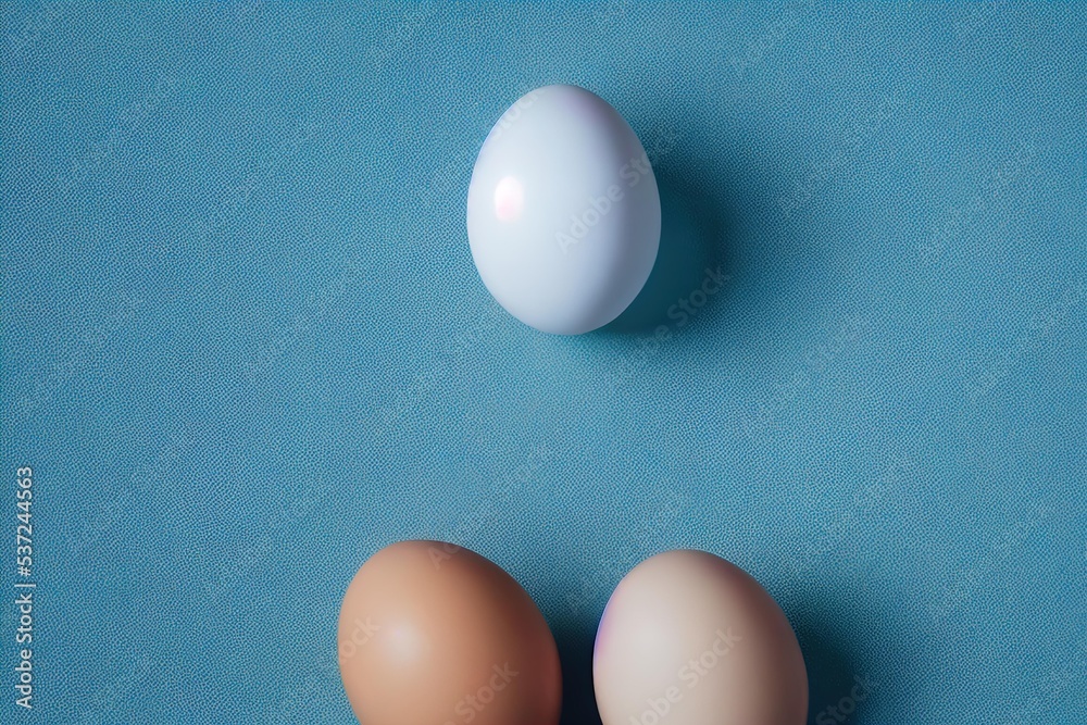 two eggs on a blue surface next to a white egg, two white eggs are ...