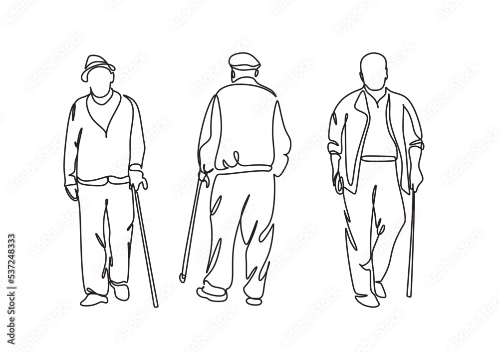 Elderly overweight man with stick. Continuous one line drawing. Vector ...