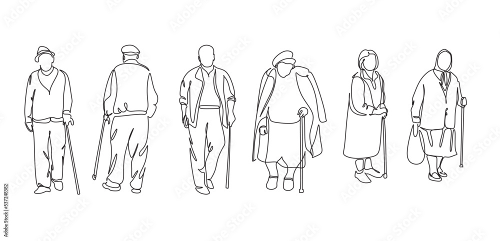 Elderly overweight man and woman with stick. Continuous one line ...