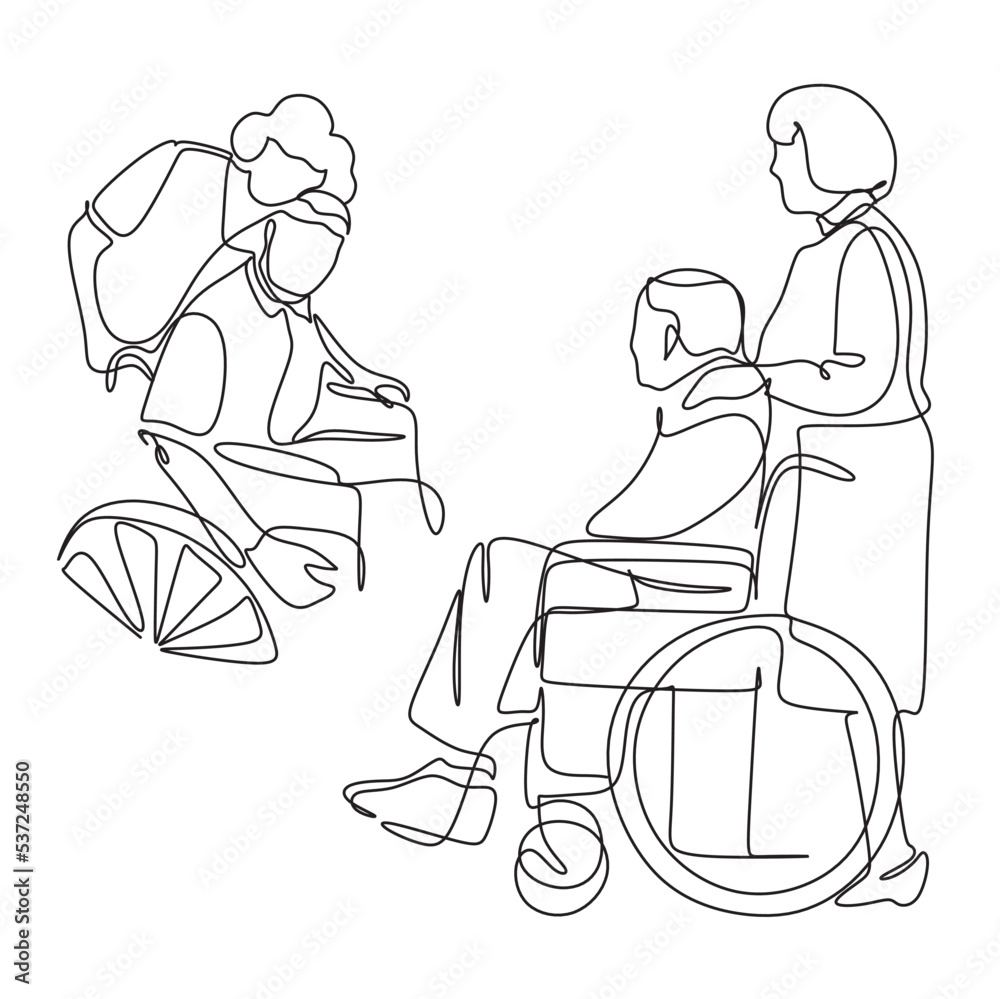 Elderly couple in continuous line art drawing style. Old man disabled ...