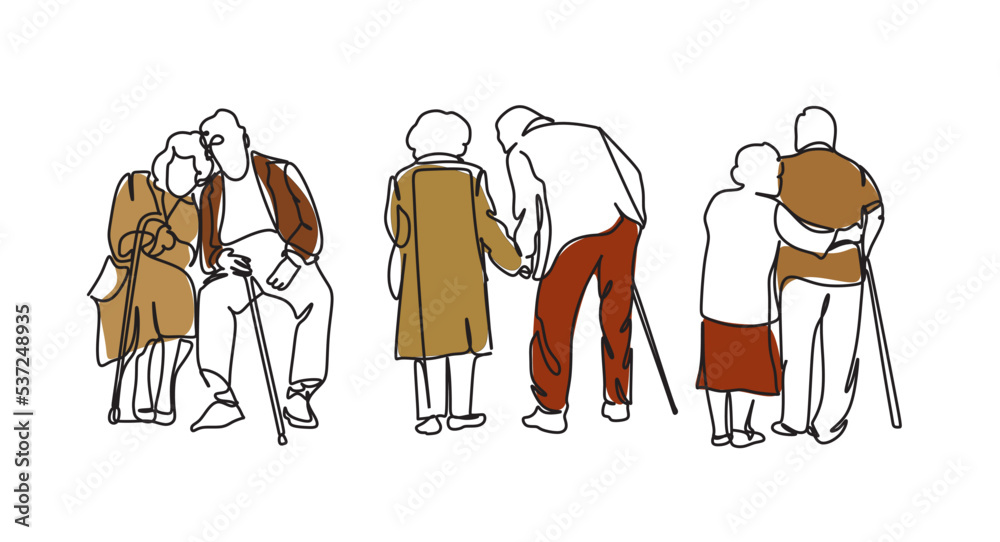 Continuous One Line Drawing Of Senior Couple Elderly People Hug