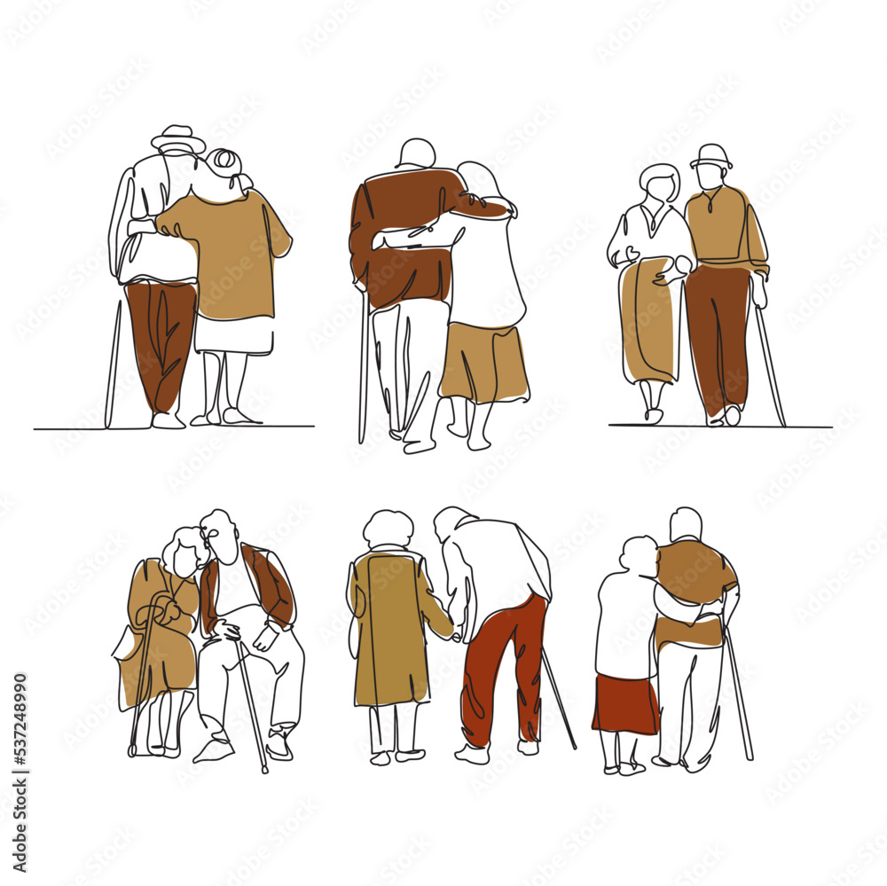 Continuous one line drawing of senior couple. Elderly people hug ...