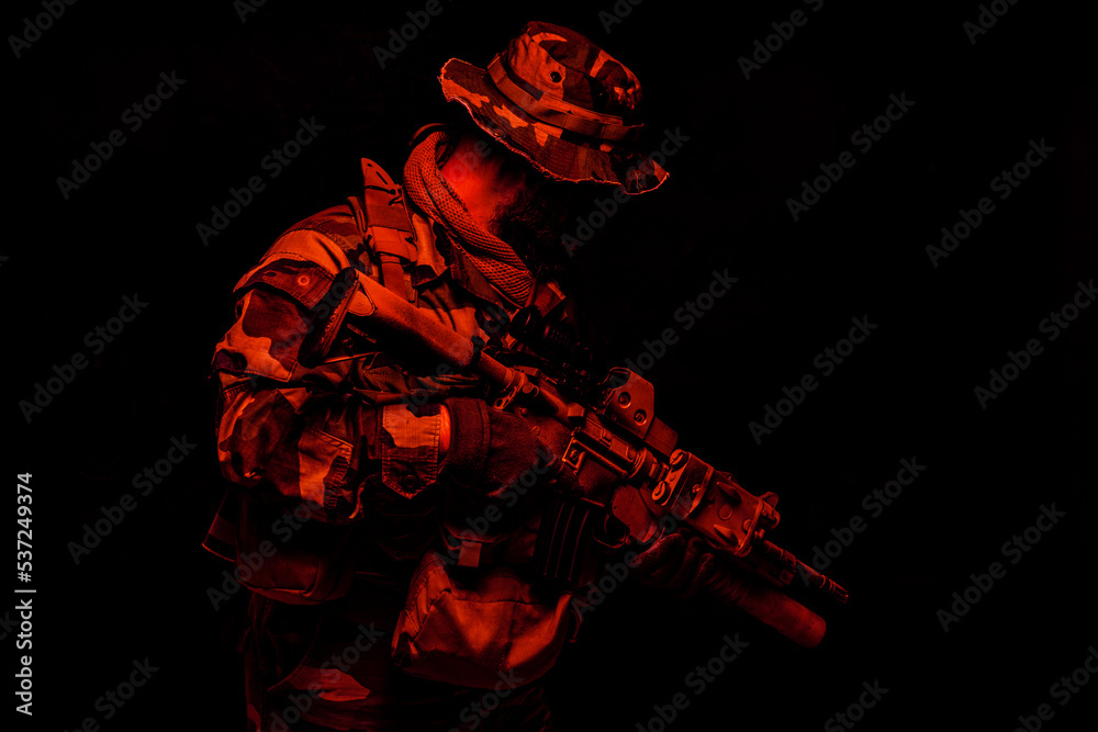 Commando shooter, army special forces rifleman in battle uniform ...