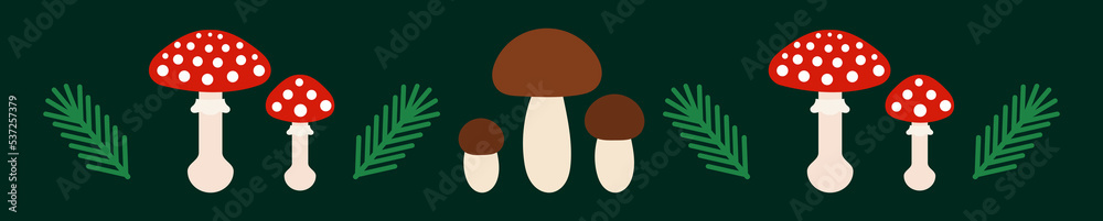Red toadstool mushroom and edible boletes forest green border. Stock ...
