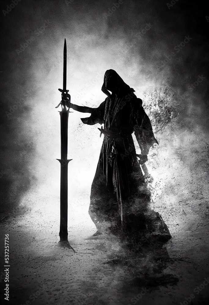 A dark demon walking in the mist, smoke wearing a toga and holding a ...