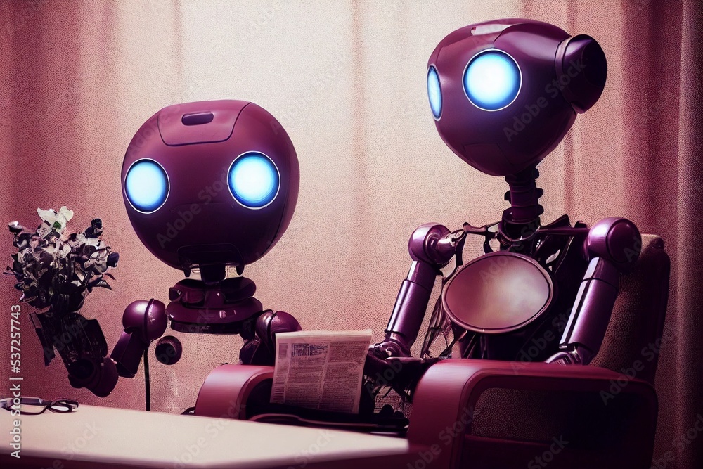 Two small futuristic droids with small bodies and big glowing blue eyes ...