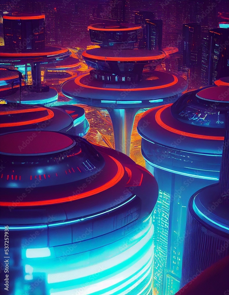 A city skyline, urban landscape with neon lights, glowing blue and red ...