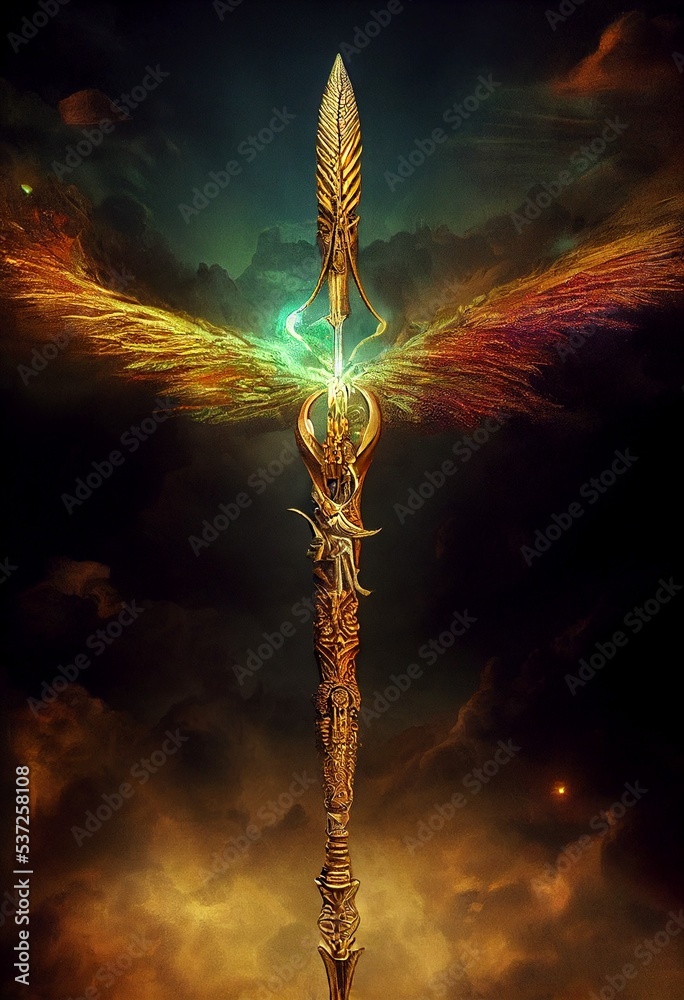 A beautiful sword made of gold floating in the air, heaven cloud ...