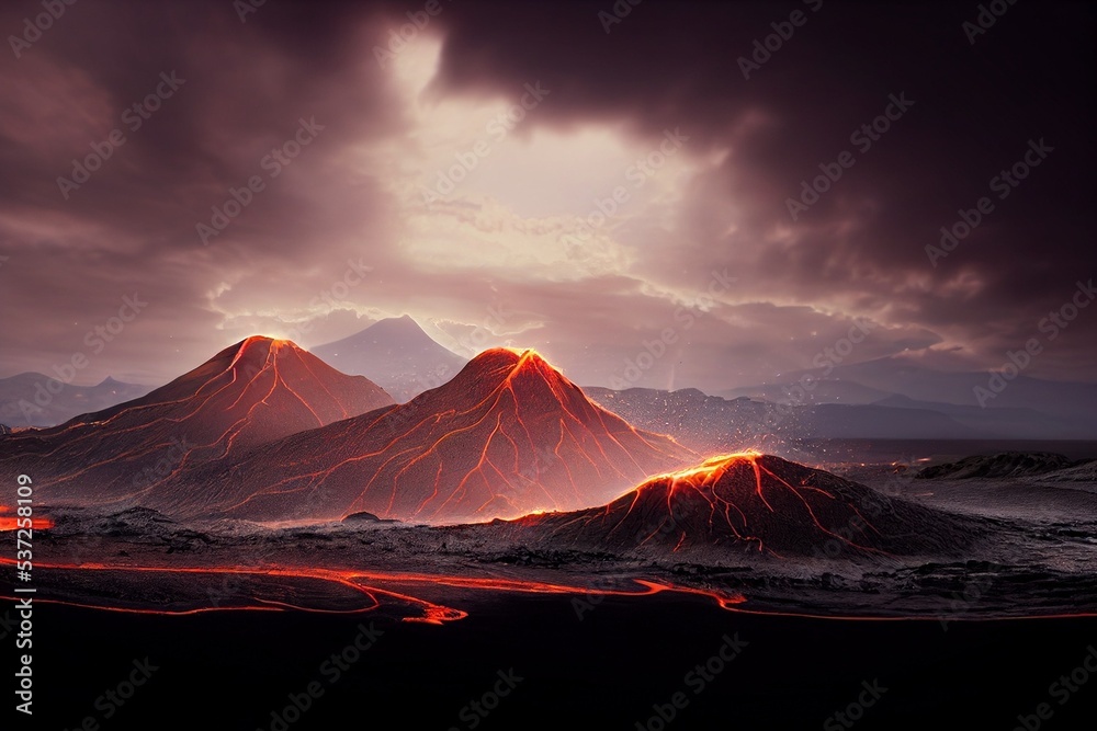 Three volcano on the same image, dark clouds above, lava flowing on the ...