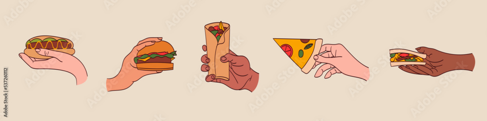 Hands holding fast food, street snacks set. Arms with takeaway pizza ...