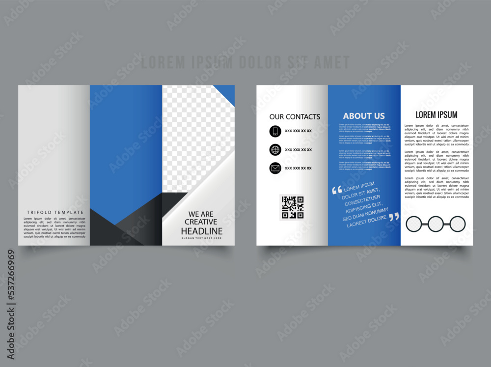 Simple blue tri-fold brochure with line icons in design. Vector empty ...