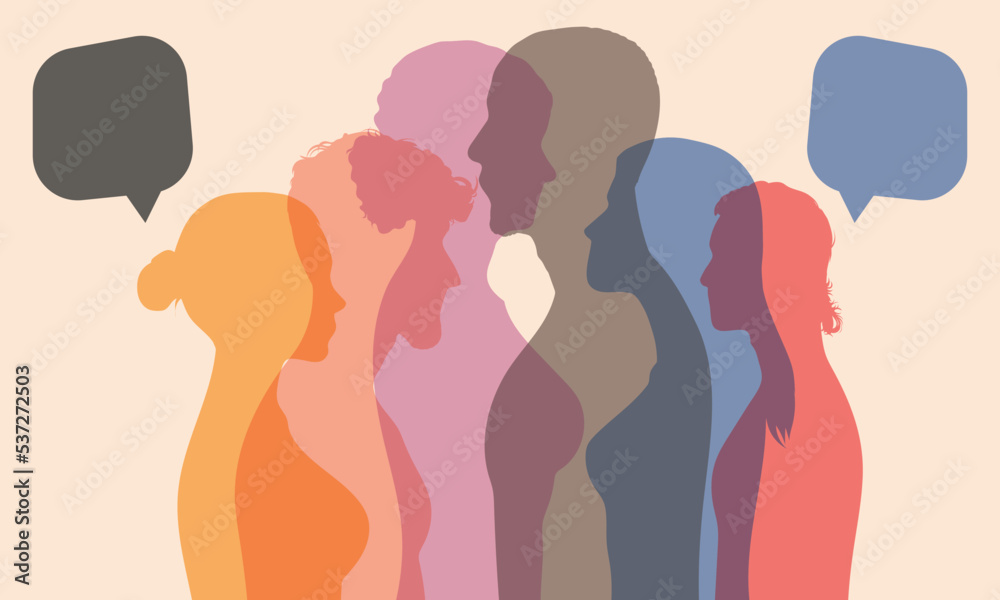 Multi-ethnic people talking in profile with communication text. Speech ...