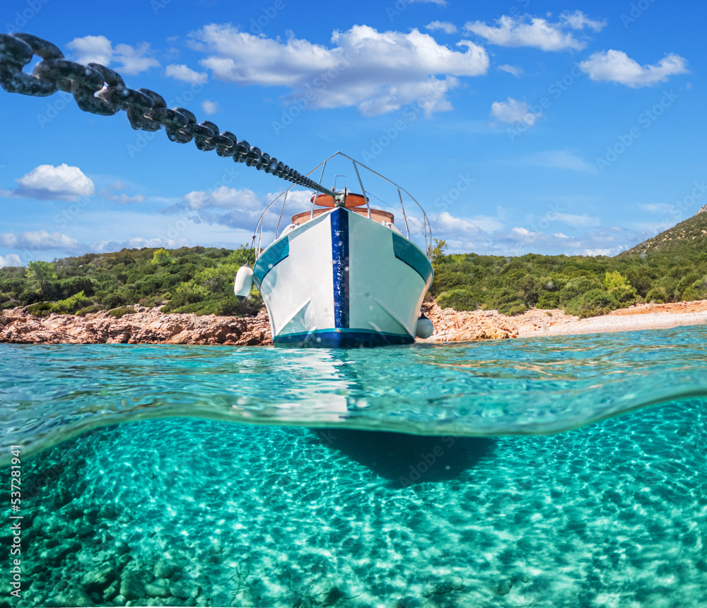 Split view - half underwater view of beautiful seabed with sea fishes ...