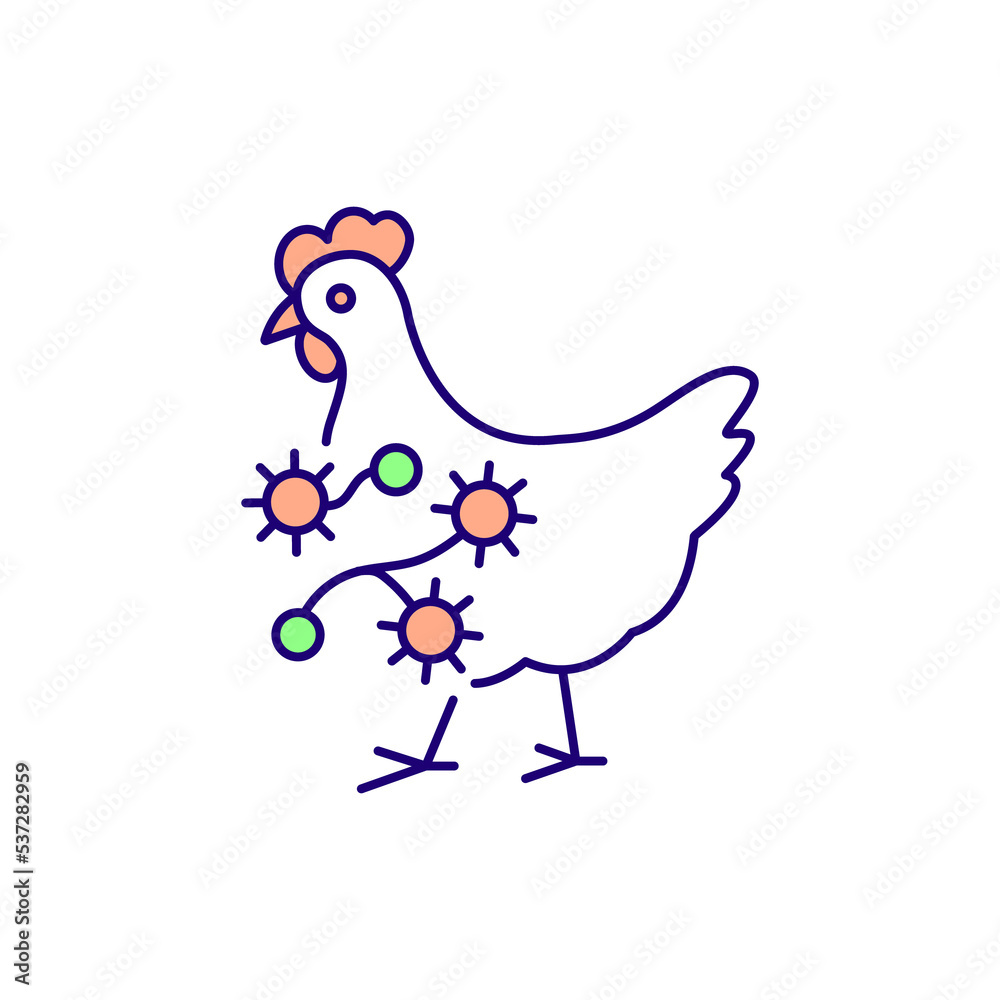 Chicken infected by bacterial disease RGB color icon. Viral infections ...