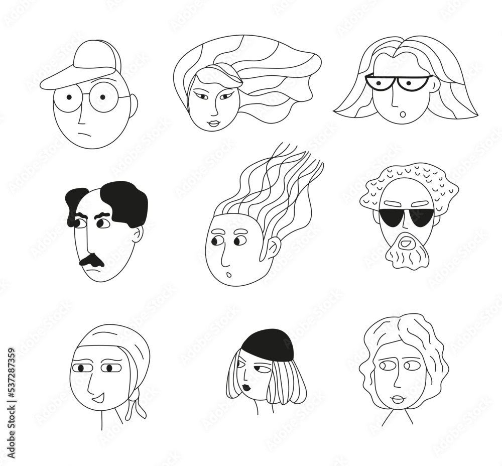 Funny Faces Doodle People Set Vector Portraits Of Various Men And