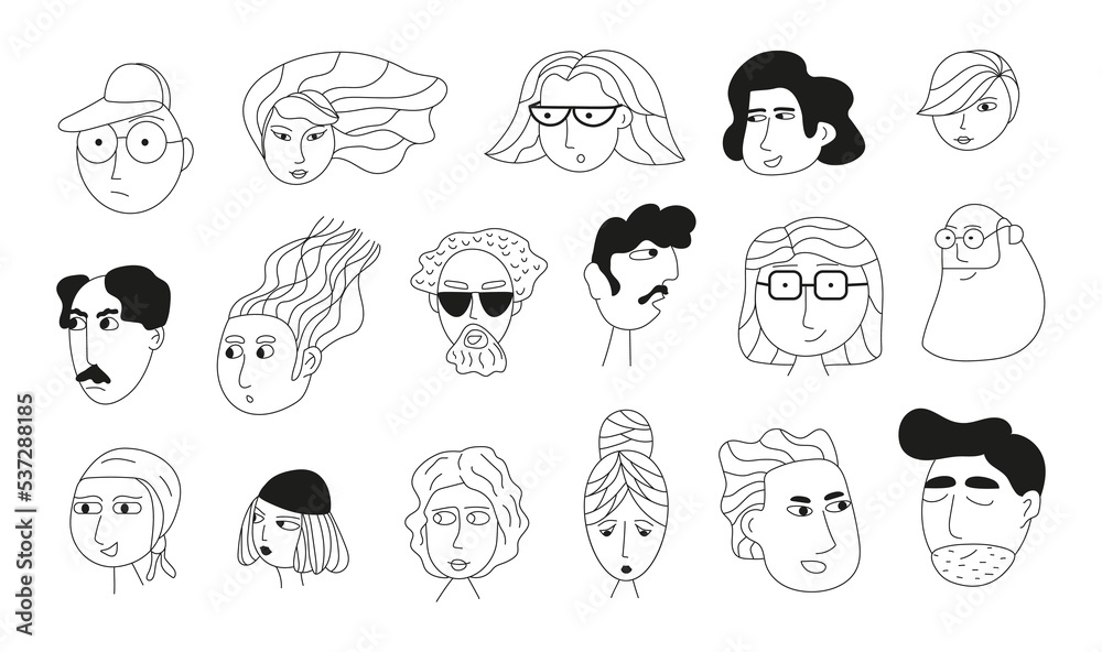 Funny Faces Doodle People Set Vector Portraits Of Various Men And