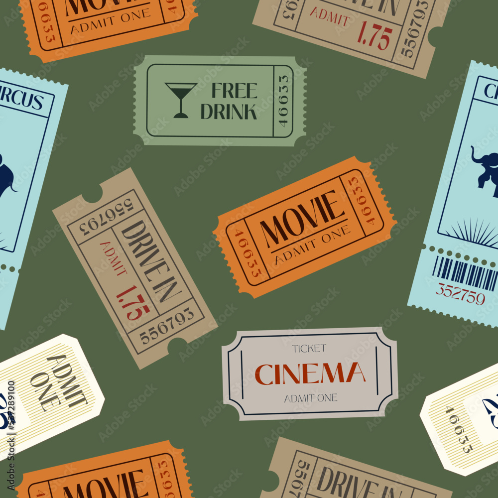Cinema paper tickets seamless pattern. Entry cards for movie premiere ...