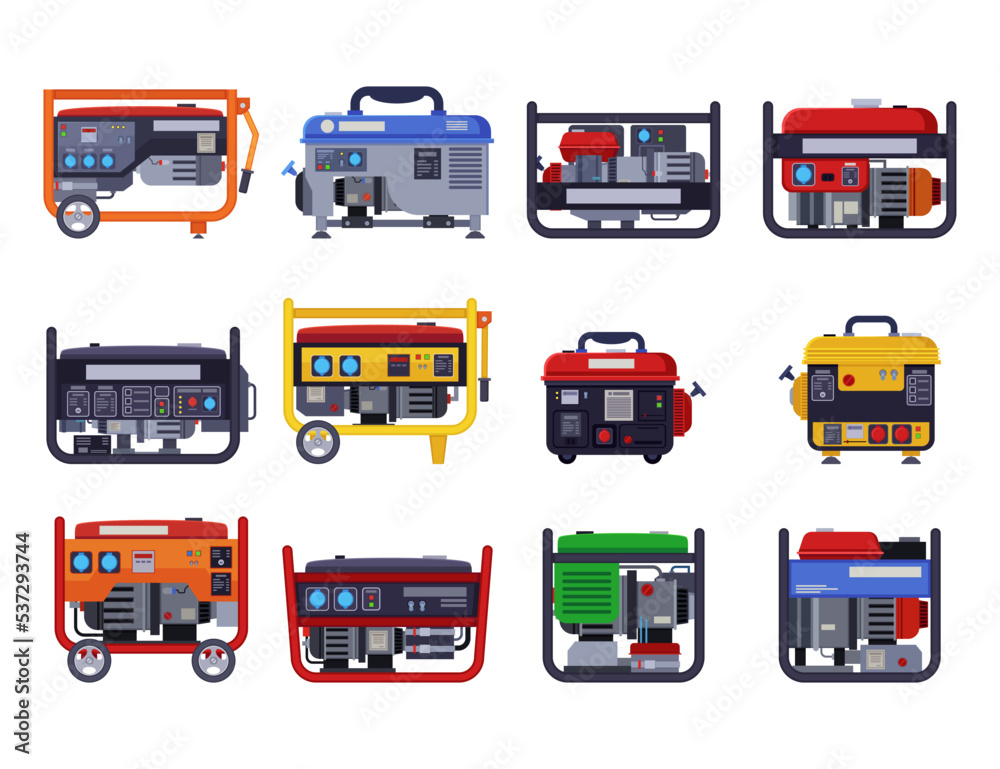 Different petrol generators vector illustrations set. Collection of ...